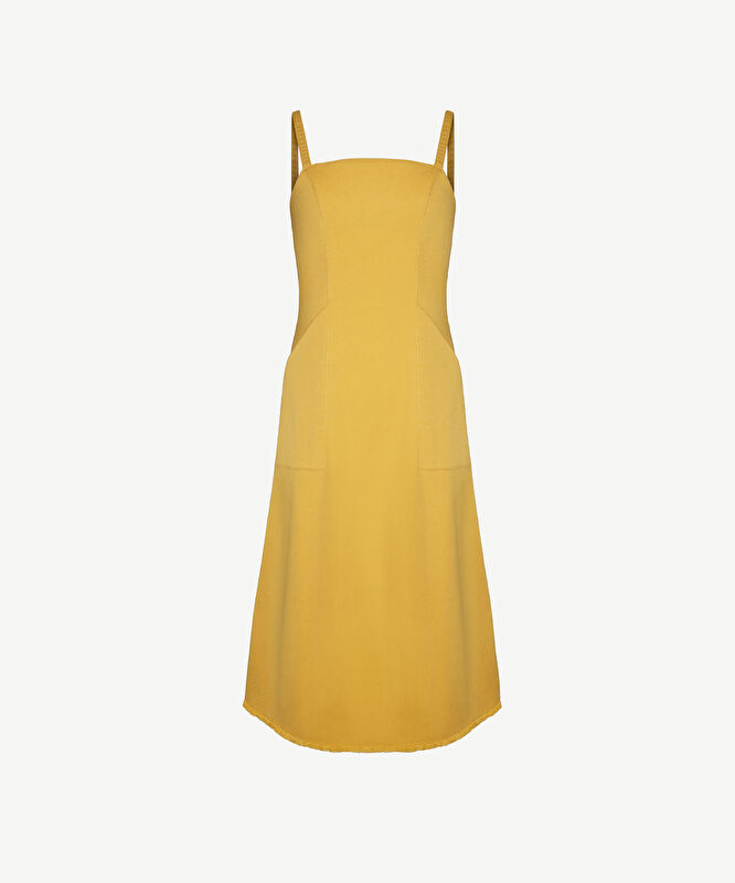 Askılı Kare Yaka Diz Altı Elbise